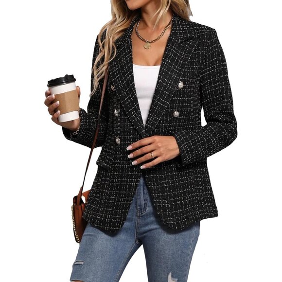 Jackets & Coats | Business Work Tweed Plaid Jacket Suit Pocket 1black ...